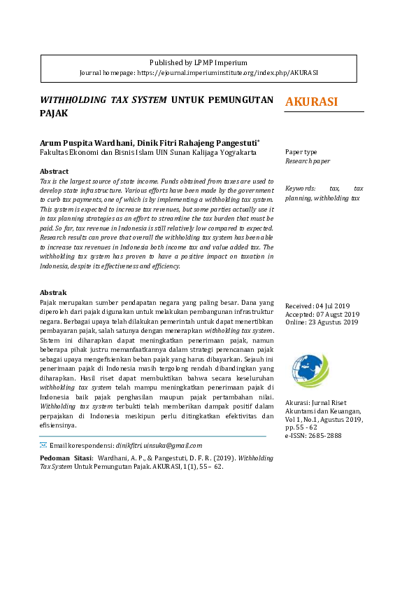 (PDF) Withholding Tax System Untuk Pemungutan Pajak: Upaya Peningkatan Penerimaan Pajak vs ...