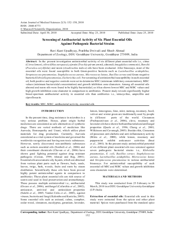 (PDF) Screening of Antibacterial Activity of Six Plant Essential Oils Against Pathogenic ...
