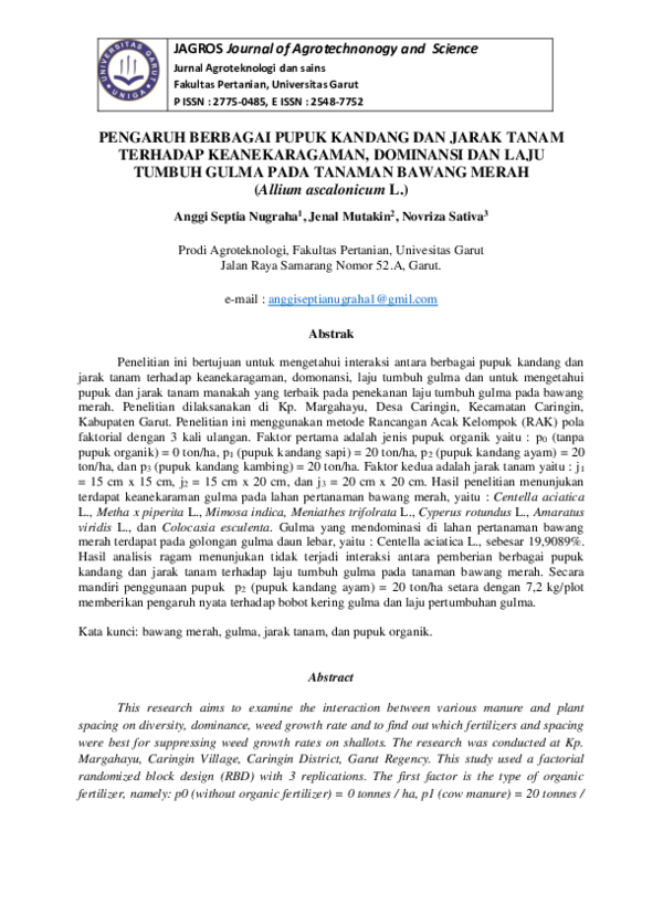 (PDF) Pengaruh Berbagai Pupuk Kandang Dan Jarak Tanam Terhadap Keanekaragaman, Dominansi Dan ...