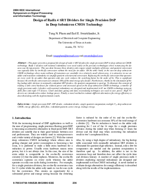 (PDF) Design of Radix 4 SRT Dividers for Single Precision DSP in Deep ...