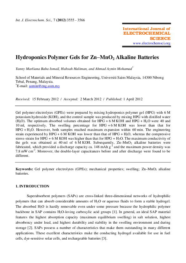 (PDF) Hydroponics Polymer Gels for Zn–MnO2 Alkaline Batteries