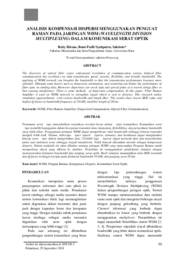 (PDF) Analisis Kompensasi Dispersi Menggunakan Penguat Raman Pada ...