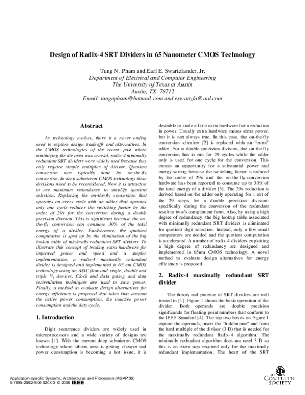 (PDF) Design of Radix-4 SRT Dividers in 65 Nanometer CMOS Technology