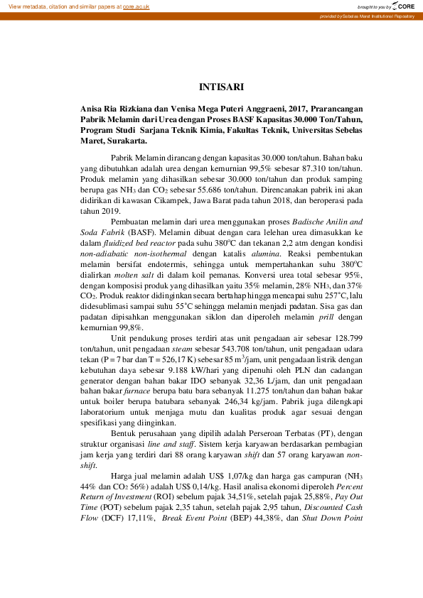 (PDF) Prarancangan Pabrik Melamin dari Urea dengan Proses BASF Kapasitas 30.000 Ton/Tahun