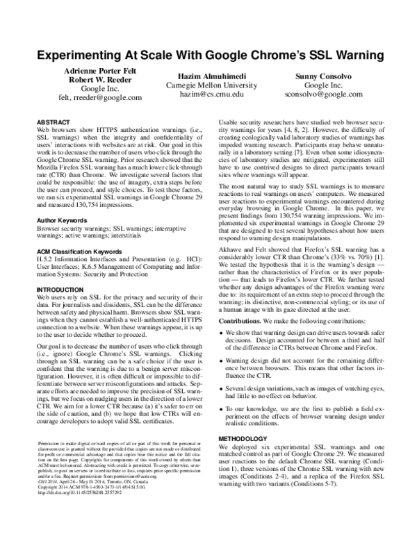 (PDF) Experimenting at scale with google chrome's SSL warning