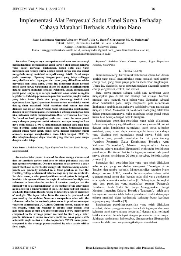 (PDF) Implementasi Alat Penyesuai Sudut Panel Surya Terhadap Cahaya ...