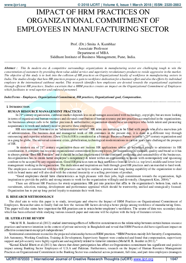 (PDF) Impact of HRM Practices on Organizational Commitment of Employees in Manufacturing Sector