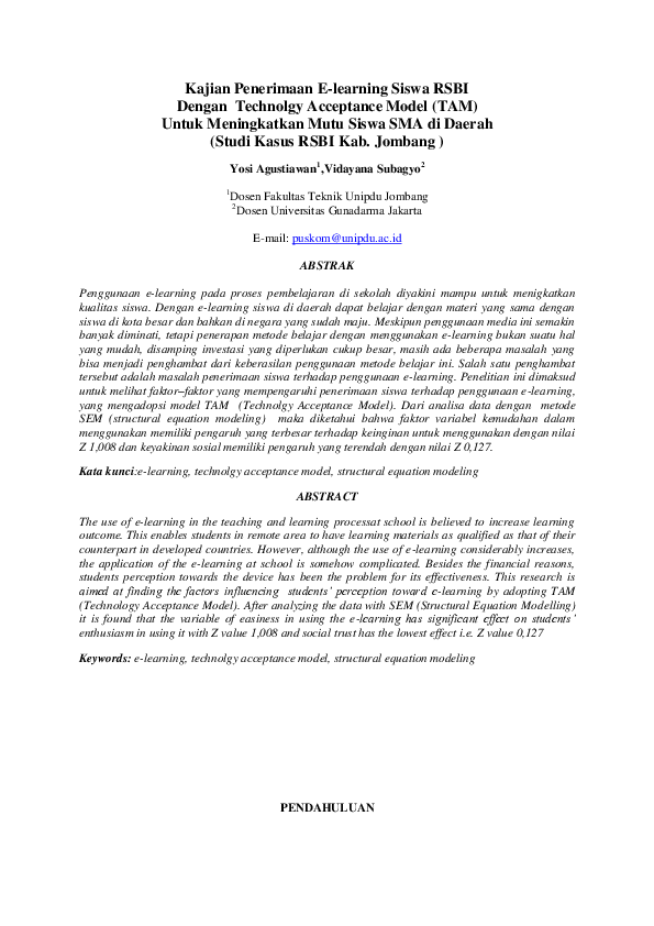 (PDF) Kajian Penerimaan E-learning Siswa RSBI Dengan Technolgy Acceptance Model (TAM) Untuk ...