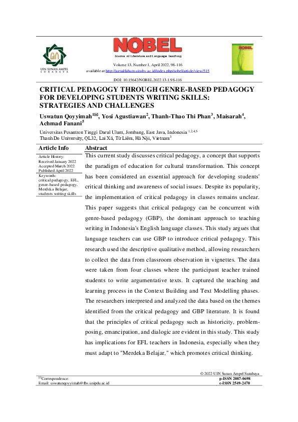 (PDF) Critical Pedagogy through Genre-Based Pedagogy for Developing ...