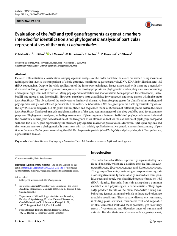 (PDF) Evaluation of the infB and rpsB gene fragments as genetic markers ...