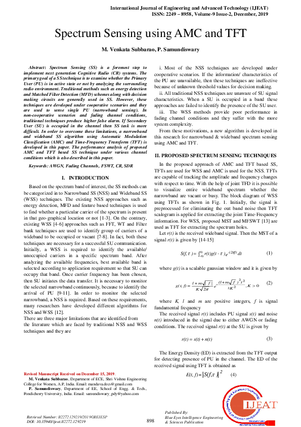 (PDF) Spectrum Sensing using AMC and TFT