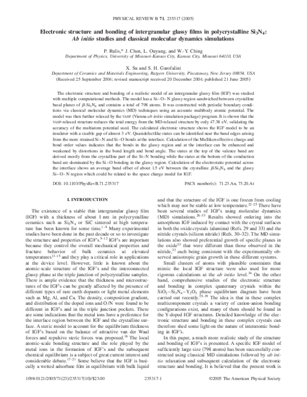 (PDF) Electronic structure and bonding of intergranular glassy films in polycrystallineSi3N4:Ab ...