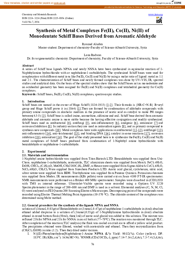 (PDF) Synthesis of Metal Complexes Fe(II), Co(II), Ni(II) of Monodentate Schiff Bases Derived ...