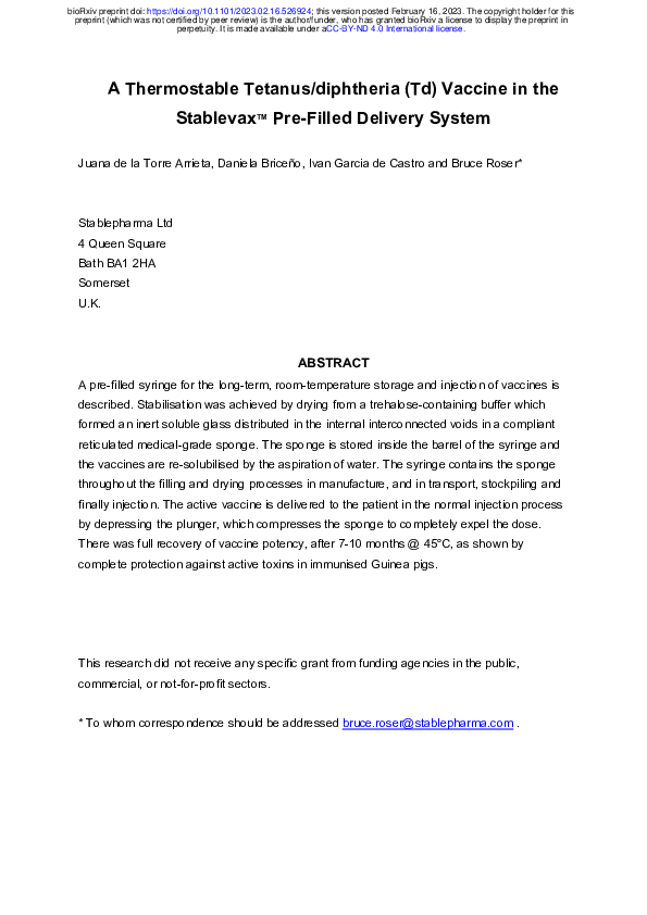 (PDF) A Thermostable Tetanus/diphtheria (Td) Vaccine in the Stablevax ...