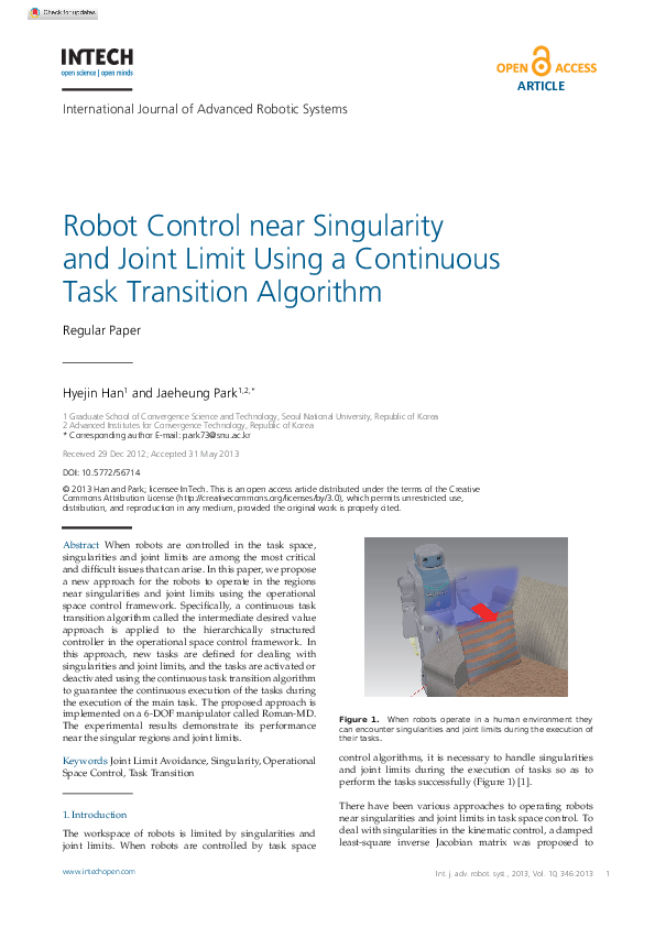 Pdf Robot Control Near Singularity And Joint Limit Using A Continuous Task Transition Algorithm