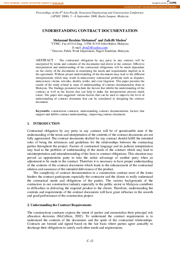 (PDF) Understanding contract documentation