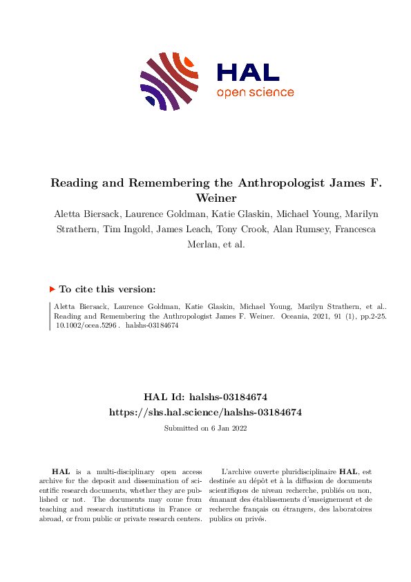 (PDF) Reading and Remembering the Anthropologist James F. Weiner