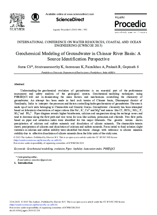 (PDF) Geochemical Modeling of Groundwater in Chinnar River Basin: A ...