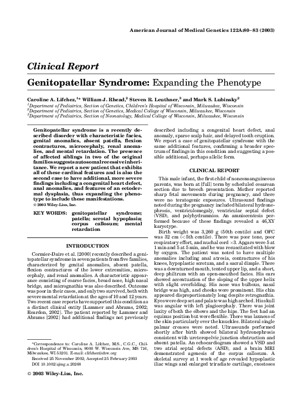 (PDF) Genitopatellar syndrome: Expanding the phenotype | Mark Lubinsky ...