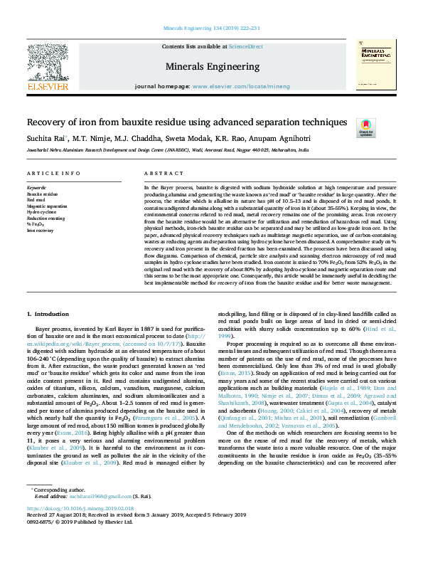 (PDF) Recovery of iron from bauxite residue using advanced separation ...