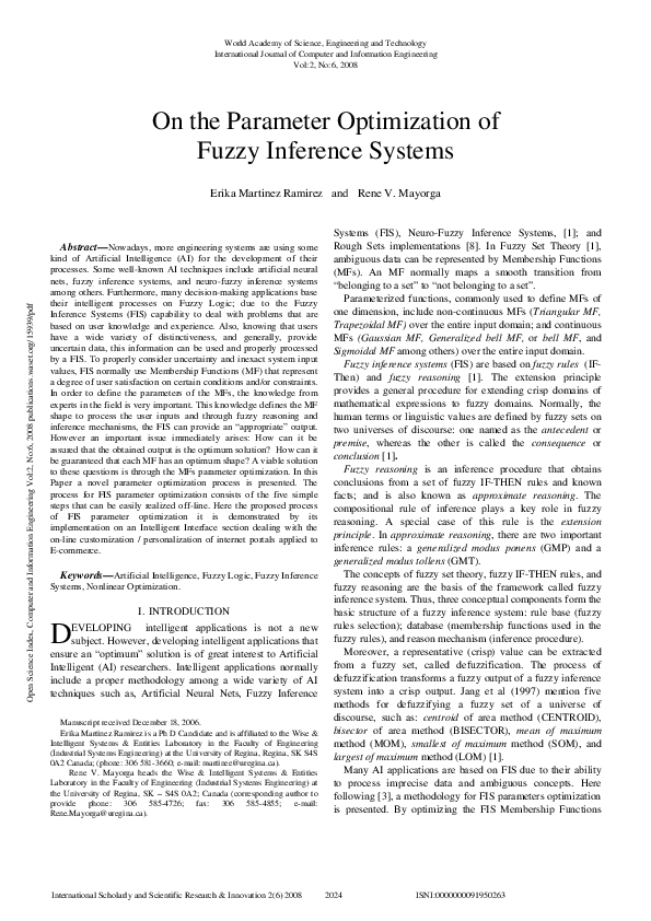 (PDF) On The Parameter Optimization Of Fuzzy Inference Systems