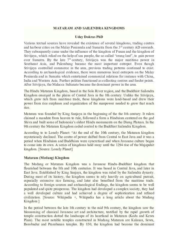 (DOC) MATARAM AND SAILENDRA KINGDOMS