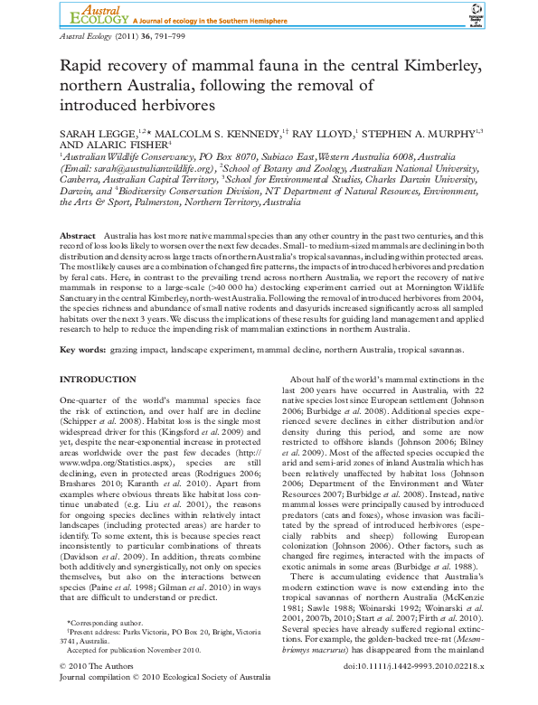 (PDF) Rapid recovery of mammal fauna in the central Kimberley, northern ...