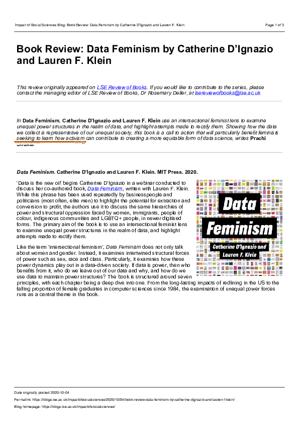 (PDF) Book Review: Data Feminism by Catherine D’Ignazio and Lauren F. Klein