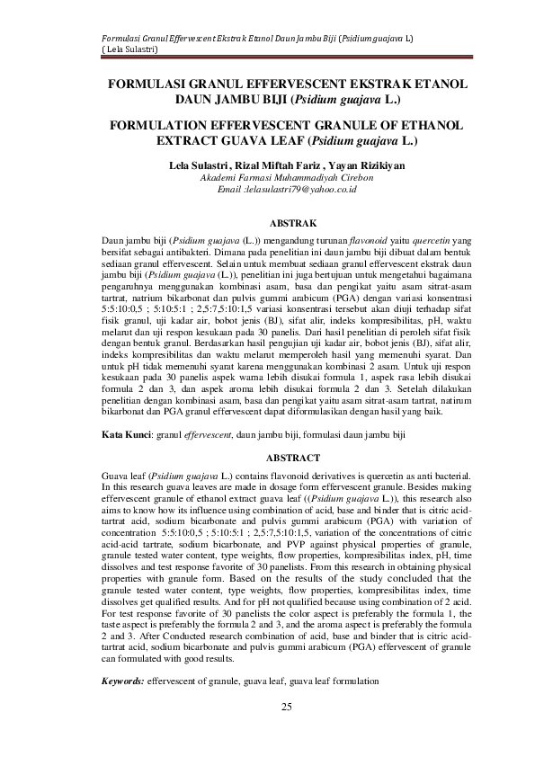 (PDF) FORMULASI GRANUL EFFERVESCENT EKSTRAK ETANOL DAUN JAMBU BIJI (Psidium guajava L.)