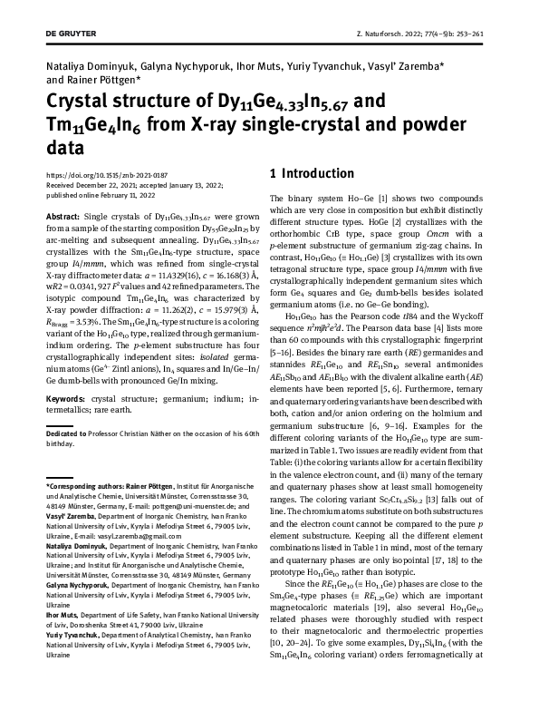(PDF) Crystal structure of Dy11Ge4.33In5.67 and Tm11Ge4In6 from X-ray single-crystal and powder data