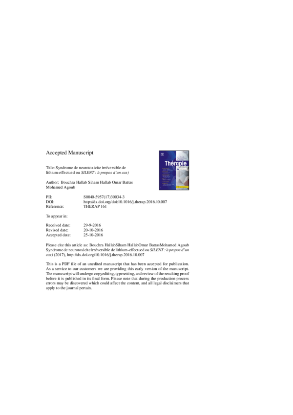 (PDF) Syndrome de neurotoxicité irréversible de lithium-effectuated ou ...