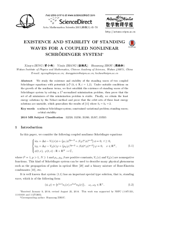(PDF) Existence and stability of standing waves for a coupled nonlinear schrödinger system ...