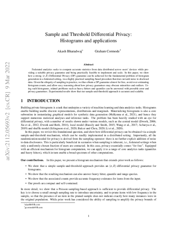 (PDF) Sample and Threshold Differential Privacy: Histograms and ...