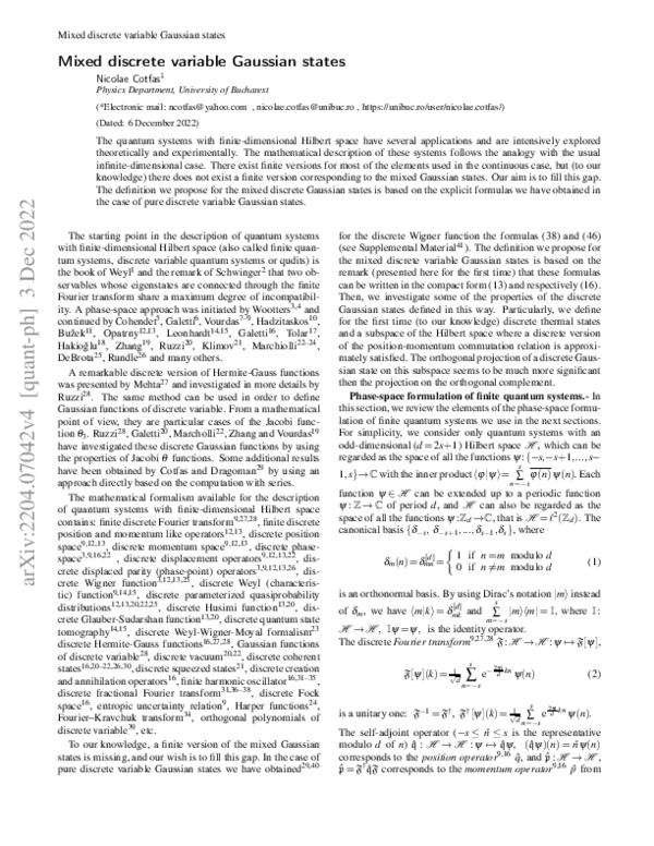 Pdf Mixed Discrete Variable Gaussian States