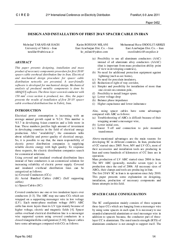 (PDF) First 20 kV Spacer Cable Design and Installation in Iran