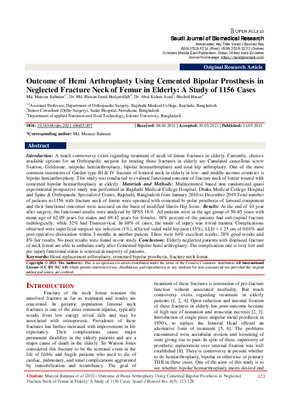 (PDF) Outcome of Hemi Arthroplasty Using Cemented Bipolar Prosthesis in ...