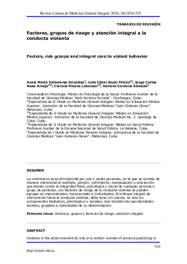 (PDF) Factores, grupos de riesgo y atención integral a la conducta violenta