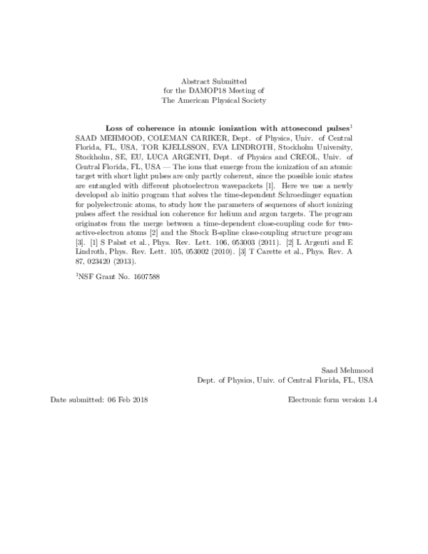 Pdf Loss Of Coherence In Atomic Ionization With Attosecond Pulses Saad Mehmood