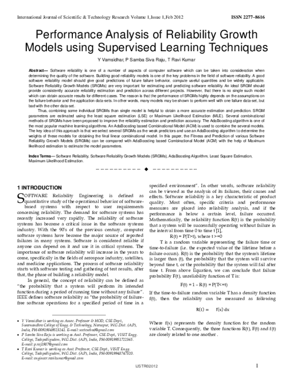 Pdf Performance Analysis Of Reliability Growth Models Using Supervised Learning Techniques