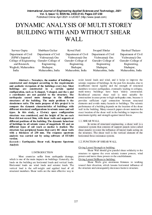 (PDF) Dynamic Analysis of Multi Storey Building with and Without Shear Wall
