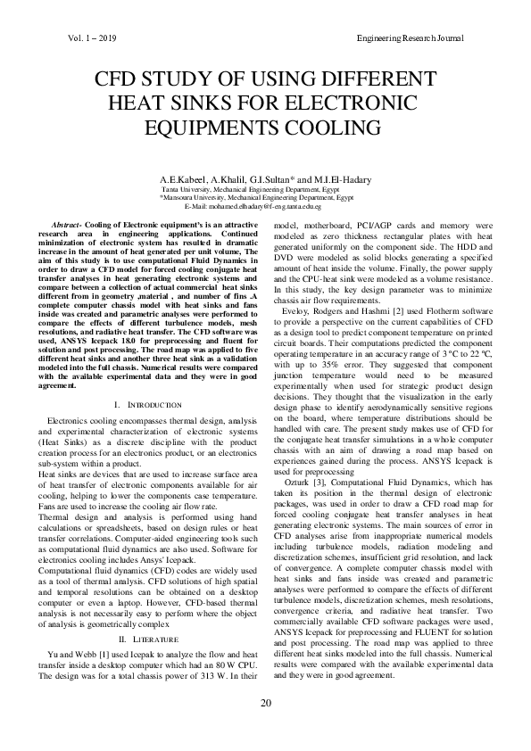 (PDF) CFD Study of Using Different Heat Sinks for Electronic Equipments Cooling