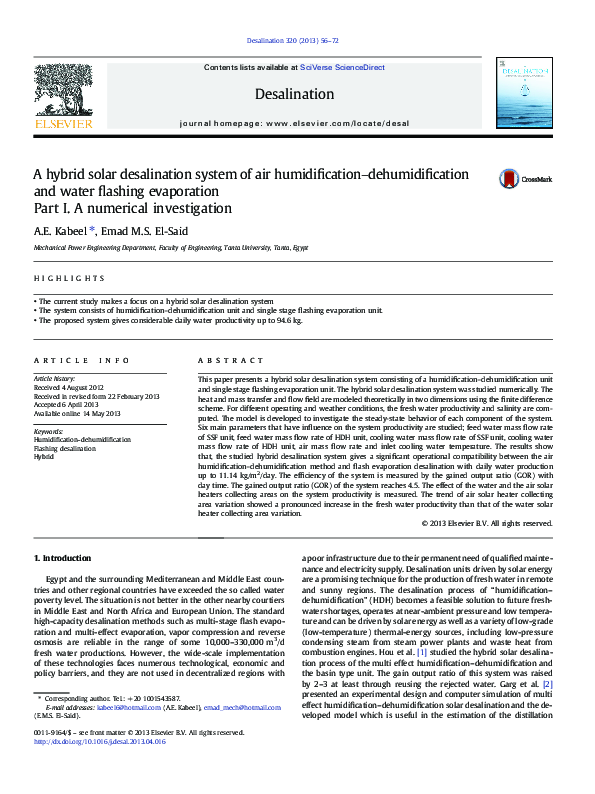(PDF) A hybrid solar desalination system of air humidification–dehumidification and water ...
