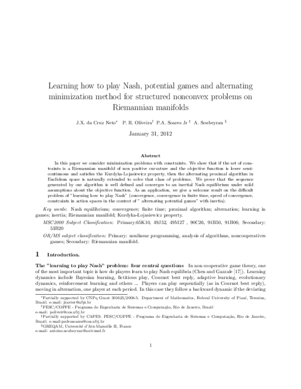 (PDF) Learning how to play nash, potential games and alternating minimization method for ...
