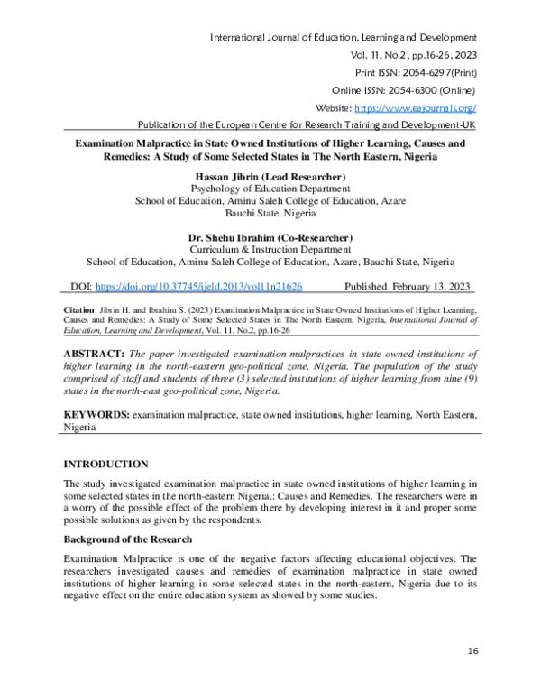 (PDF) Examination Malpractice in State Owned Institutions of Higher ...