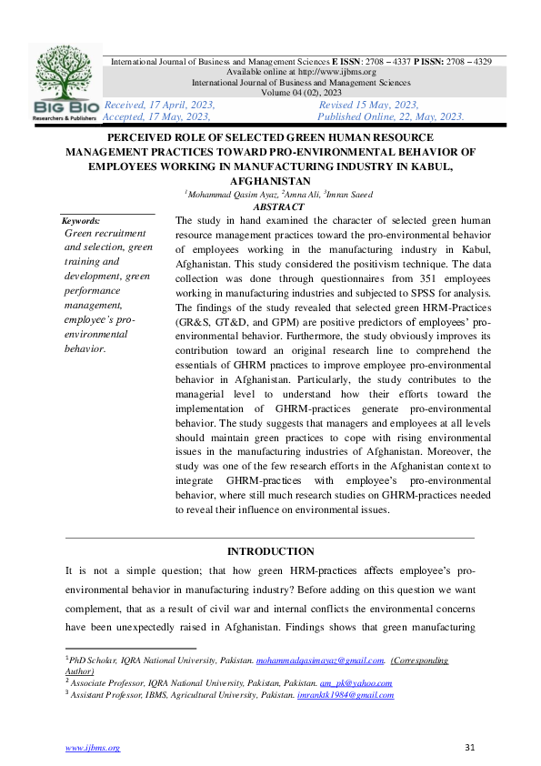 Pdf Perceived Role Of Selected Green Human Resource Management Practices Toward Pro