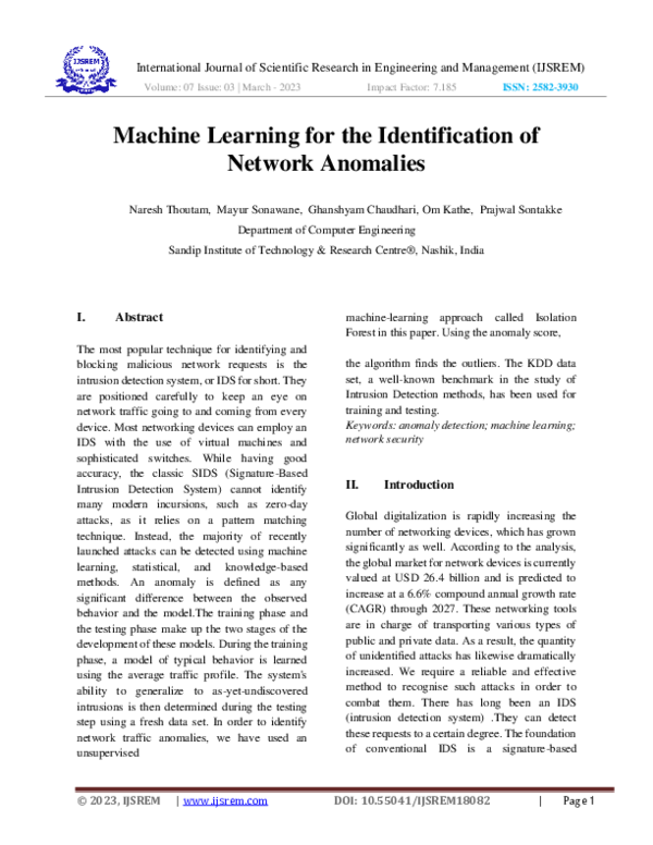 (PDF) Machine Learning for the Identification of Network Anomalies | Mayur Sonawane - Academia.edu