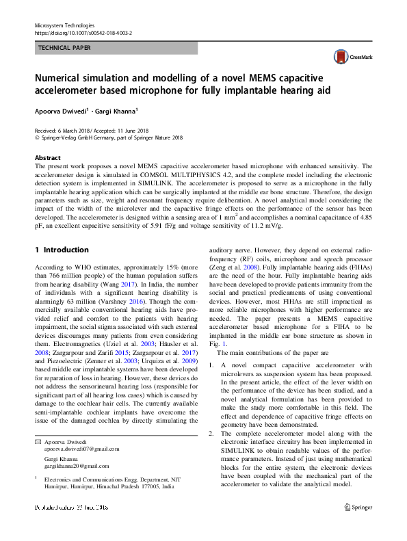 (PDF) Numerical simulation and modelling of a novel MEMS capacitive accelerometer based ...