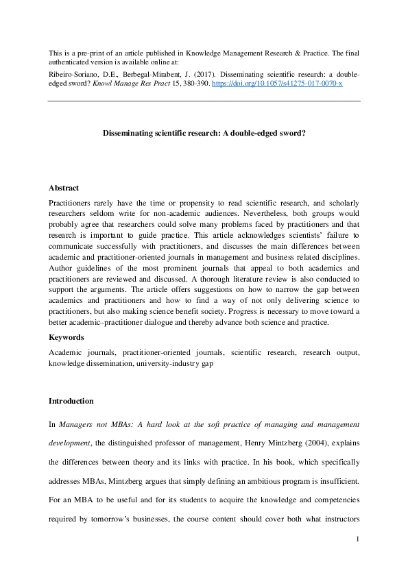 (PDF) Disseminating scientific research: a double-edged sword?