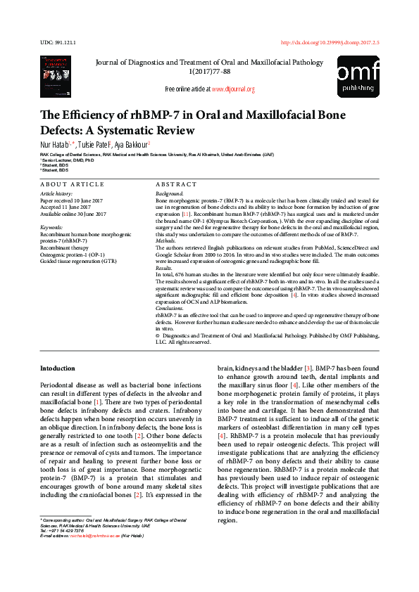 (PDF) The Efficiency of rhBMP-7 in Oral and Maxillofacial Bone Defects ...