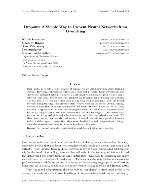 (PDF) Dropout: A simple way to prevent neural networks from overfitting